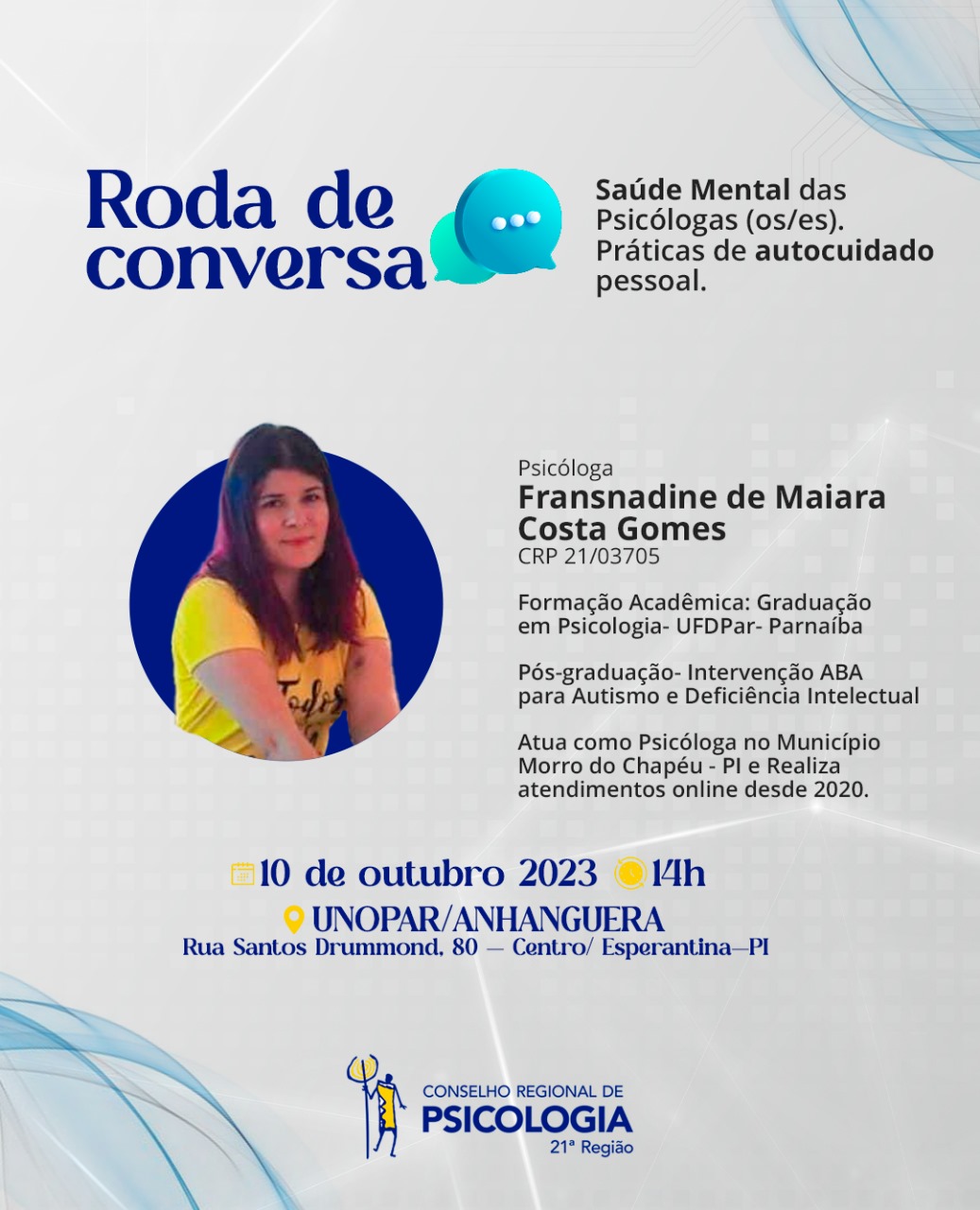 CRP-21ª Região Realizará Roda de Conversa e Palestra em Esperantina-PI ...